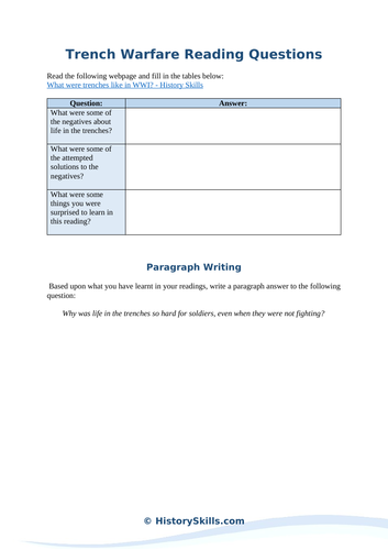 WWI Trench Warfare Reading Questions Worksheet | Teaching Resources