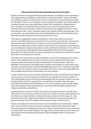 Discuss Role of Personality in Stress Essay 16 Mark Model Answer AQA ...