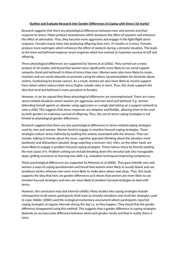 Gender Differences in Coping with Stress Essay 16 Mark Model Answer AQA Psychology New Spec ...