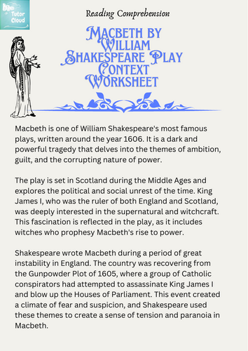 Macbeth by William Shakespeare Play Context Worksheet | Teaching Resources