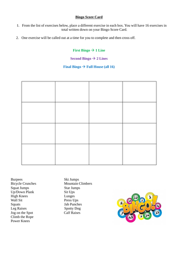 Fitness Bingo Score Card | Teaching Resources