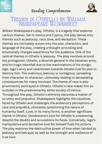Themes in Othello by William Shakespeare Worksheet | Teaching Resources