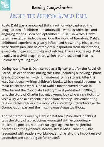 Roald Dahl Reading Comprehension About the Author and Research Task ...