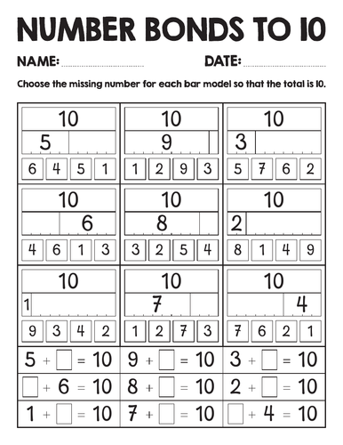 Number bonds to 10 bar model worksheet : Addition to make a ten ...