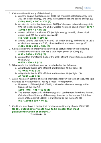 Worksheet - Efficiency Calculations | Teaching Resources