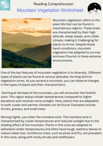 Mountain Vegetation Worksheet | Teaching Resources