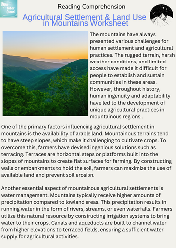 Agricultural Settlement & Land Use in Mountains Worksheet | Teaching ...