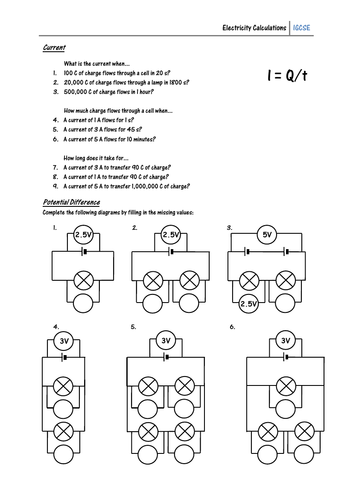 Electricity Calculations Worksheet | Teaching Resources