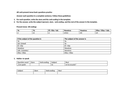 AR verb present tense basic questions practice | Teaching Resources