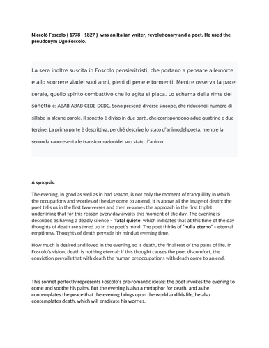 ITALIAN LITERATURE - the poem "Alla Sera" with translation | Teaching ...