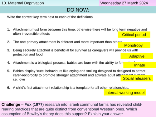 L10: Bowlby's Maternal Deprivation Theory - Attachment - Paper 1 - AQA ...