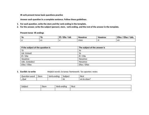 IR verb present tense basic questions practice | Teaching Resources