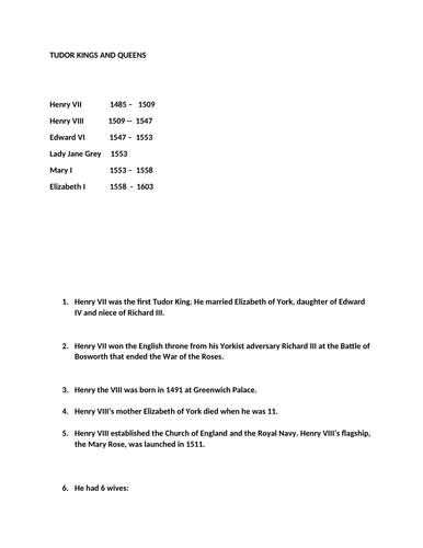 Year 6 History Lesson: the timeline of the Tudor Kings and Queens ...