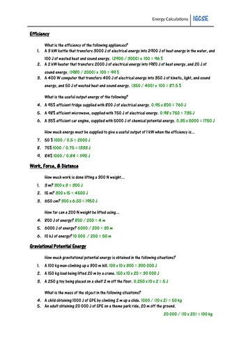 Energy Calculations Worksheet | Teaching Resources