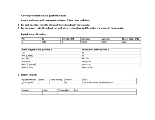 AR verb preterit tense basic questions practice | Teaching Resources