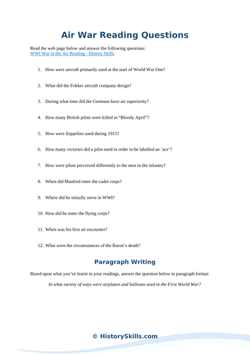 WWI Aircraft Reading Questions Worksheet | Teaching Resources