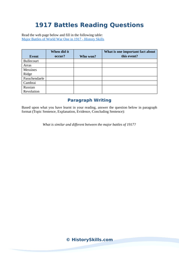 1917 WWI Battles Reading Questions Worksheet | Teaching Resources