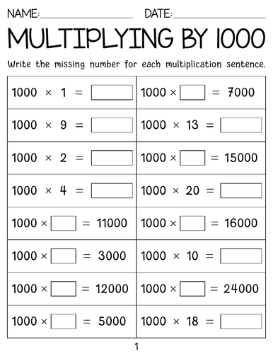 Multiplying And Dividing by 1000 worksheets with Answer Key | Teaching ...