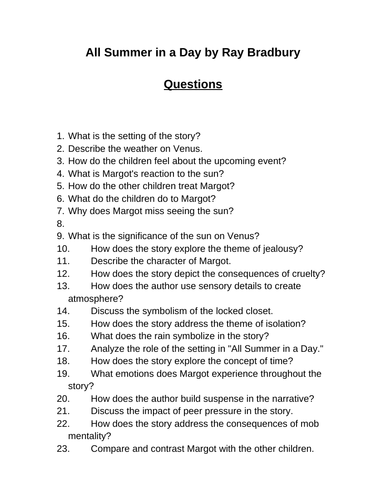 All Summer in a Day. 40 Reading Comprehension Questions (Editable ...