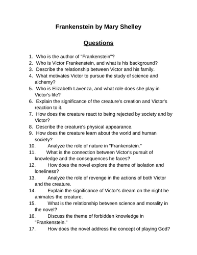 Frankenstein. 40 Reading Comprehension Questions (Editable) | Teaching ...