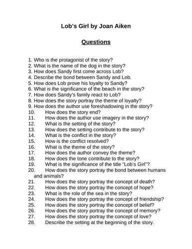 Lob’s Girl by Joan Aiken. 40 Reading Comprehension Questions (Editable ...