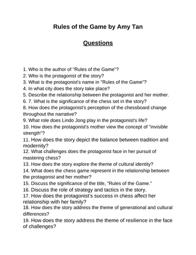 Rules of the Game. 40 Reading Comprehension Questions (Editable ...