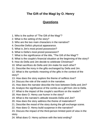 The Gift of the Magi. 40 Reading Comprehension Questions (Editable ...