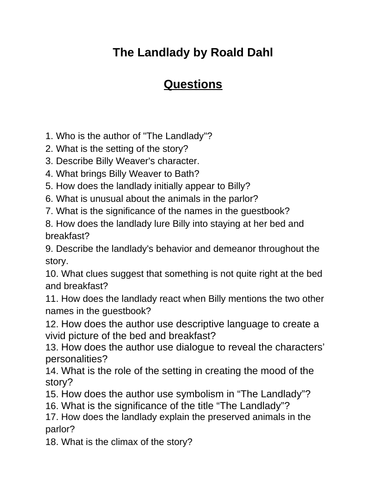The Landlady. 40 Reading Comprehension Questions (Editable) | Teaching ...