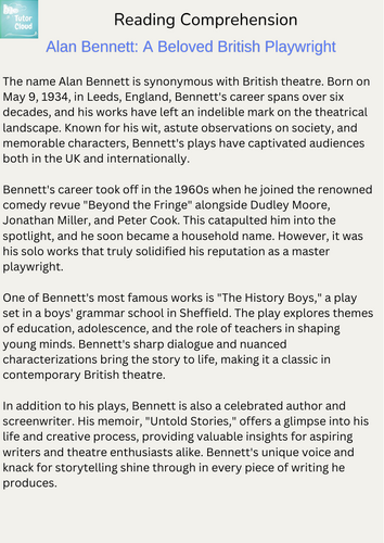 Alan Bennett: A Beloved British Playwright Worksheet | Teaching Resources