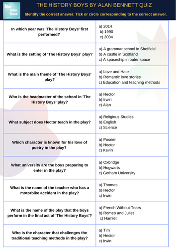 The History Boys by Alan Bennett Quiz | Teaching Resources