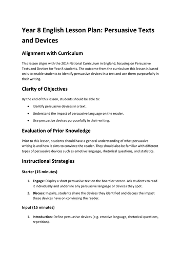 Year 8 English Lesson Plan: Persuasive Texts and Devices | Teaching ...