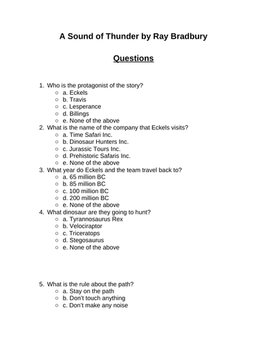 A Sound of Thunder. 30 multiple-choice questions (Editable) | Teaching ...