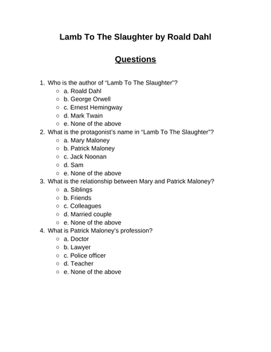 Lamb To The Slaughter. 30 multiple-choice questions (Editable ...