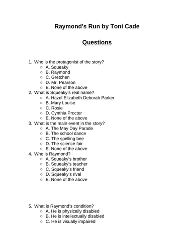 Raymond's Run. 30 multiple-choice questions (Editable) | Teaching Resources