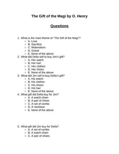 The Gift of the Magi. 30 multiple-choice questions (Editable ...
