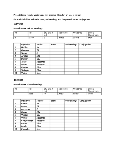 Preterit tense regular verbs basic tiny practice (Regular -ar, -er, -ir ...
