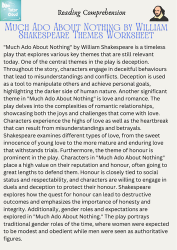 Much Ado About Nothing by William Shakespeare Themes Worksheet ...