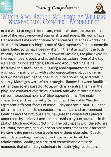 Much Ado About Nothing by William Shakespeare Context Worksheet ...