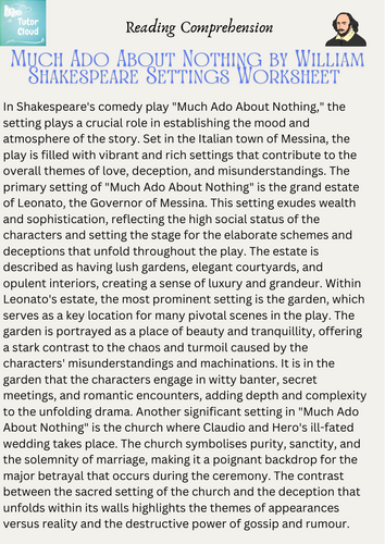 Much Ado About Nothing by William Shakespeare Settings Worksheet ...