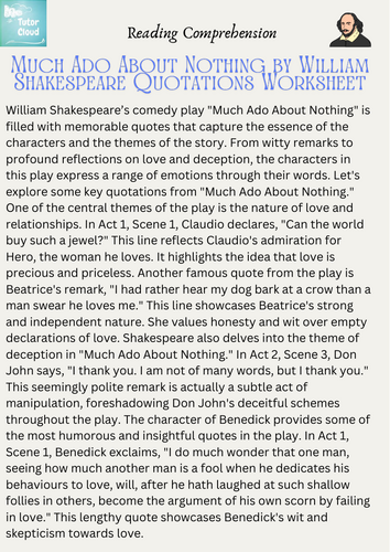 Much Ado About Nothing by William Shakespeare Quotations Worksheet ...