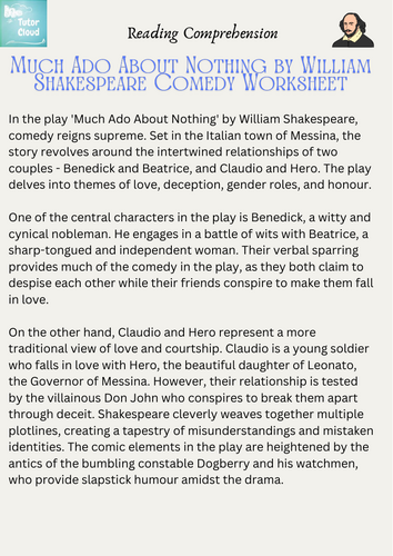 Much Ado About Nothing by William Shakespeare Comedy Worksheet ...
