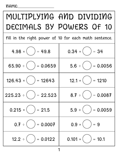 Multiplying And Dividing Decimals By Powers of 10 worksheets with Key ...