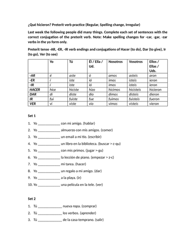 ¿Qué hicieron? Preterit verb practice (Regular, Spelling change ...