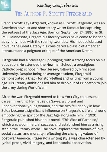 The Author F. Scott Fitzgerald Comprehensive Reading Worksheet ...