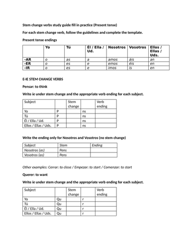 Stem change verbs study guide fill in practice (Present tense) | Teaching Resources