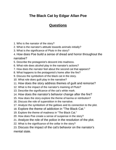 The Black Cat. 40 Reading Comprehension Questions (Editable) | Teaching ...