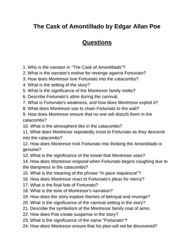 The Cask of Amontillado. 40 Reading Comprehension Questions (Editable ...