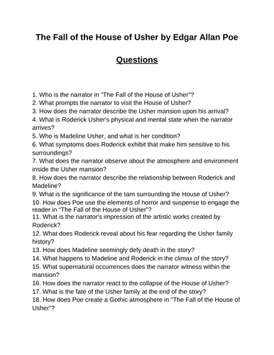 The Fall of the House of Usher. 40 Reading Comprehension Questions ...