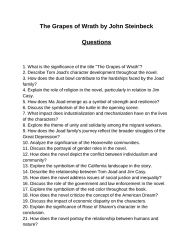 The Grapes of Wrath. 40 Reading Comprehension Questions (Editable ...