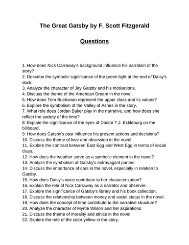 The Great Gatsby. 40 Reading Comprehension Questions (Editable ...